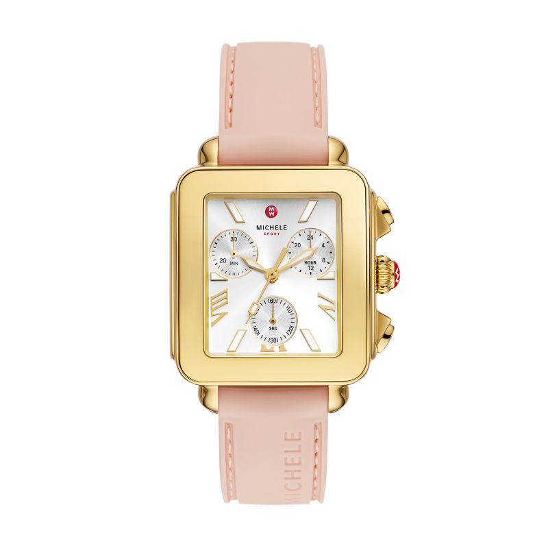 MICHELE Deco Sport Chronograph 18K Gold-Plated Ballet Pink Silicone ...